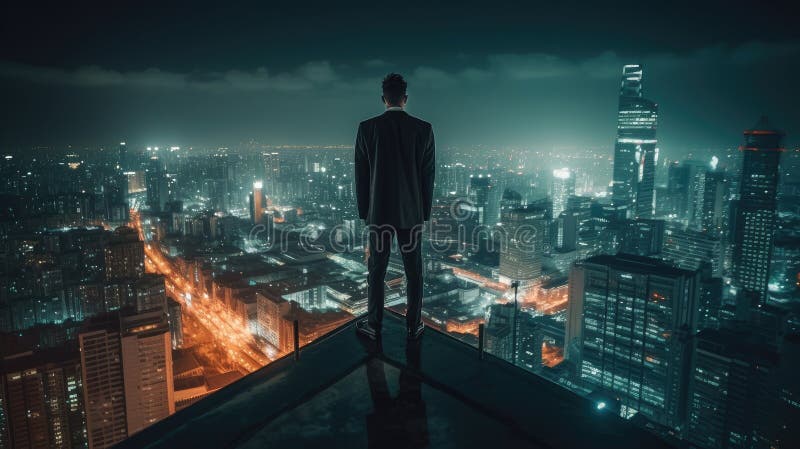 Man Stand on Rooftop Over Night City , Generative AI Stock Illustration ...