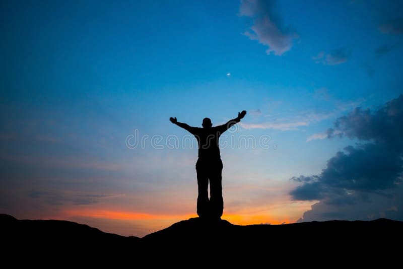 Man Stand at Sunset Hope for Success Stock Photo - Image of hand ...