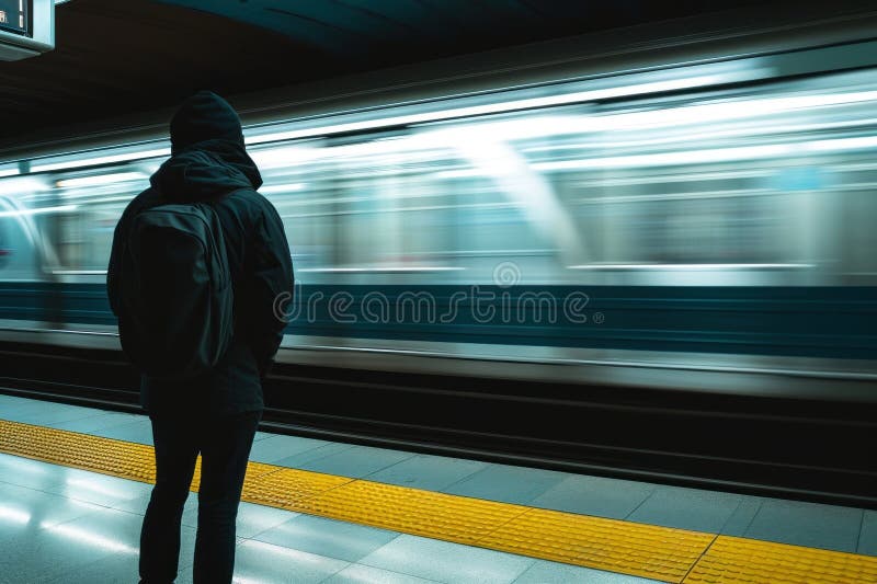 Man Stand Waiting Train in Subway Fast Moving. Generative AI Stock ...
