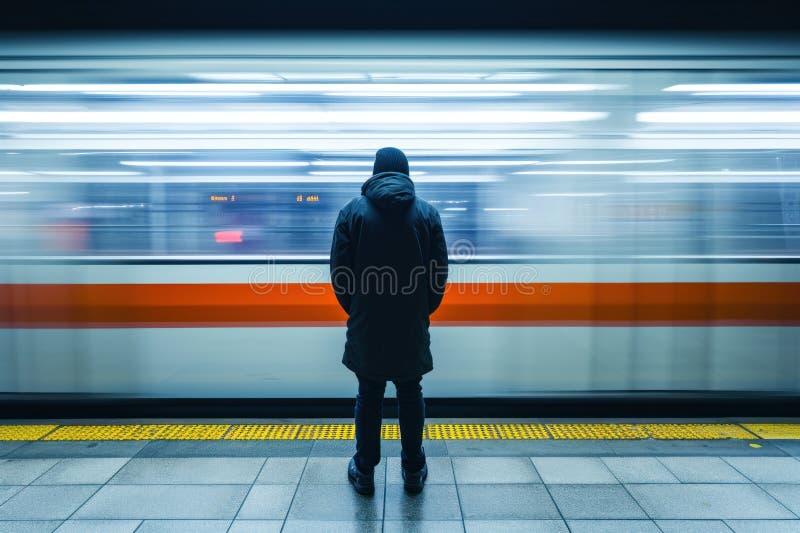 Man Stand Waiting Train in Subway Fast Moving. Generative AI Stock ...