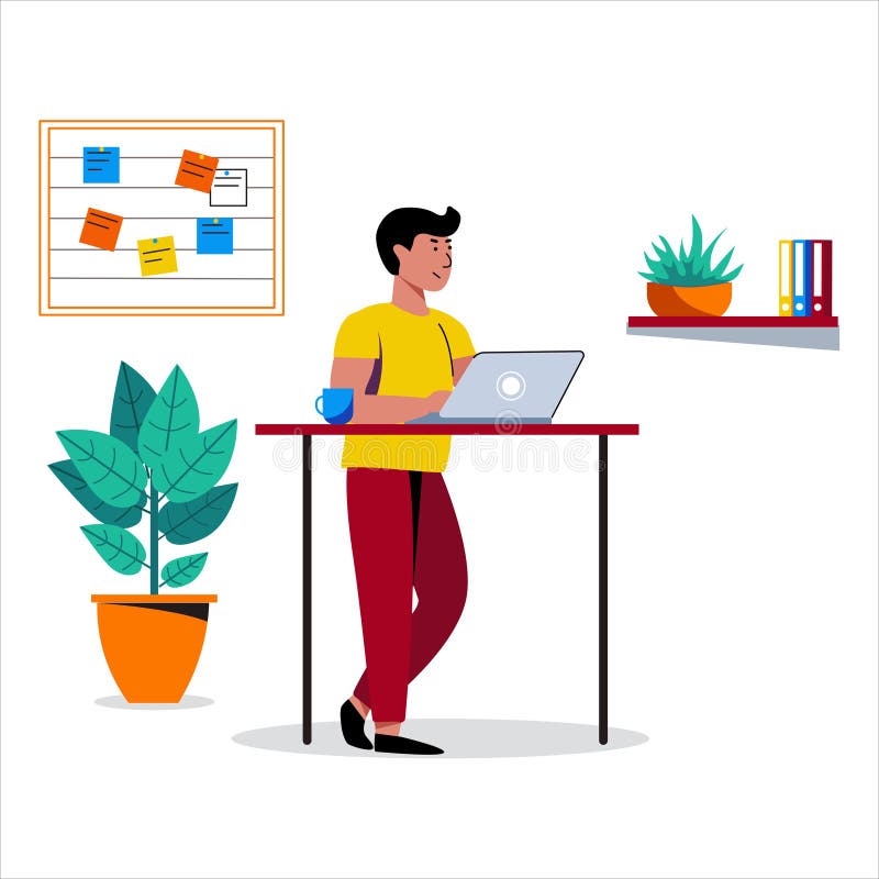 Man Stand and Working in Friendly Open Space Workplace. Coworking ...