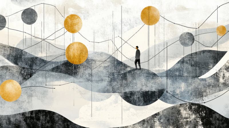 Man Standing in Abstract Landscape with Spheres and Lines, Concept of ...