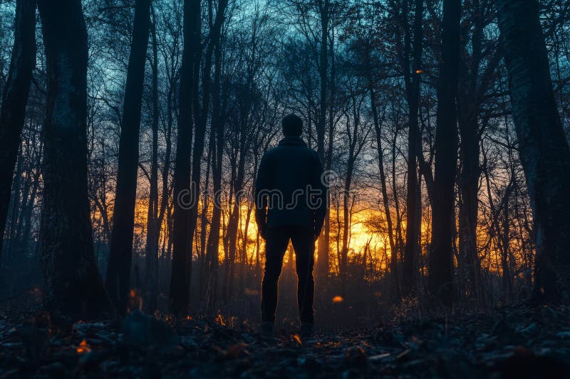 Man Standing Alone in a Dark Forest at Twilight Stock Photo - Image of ...