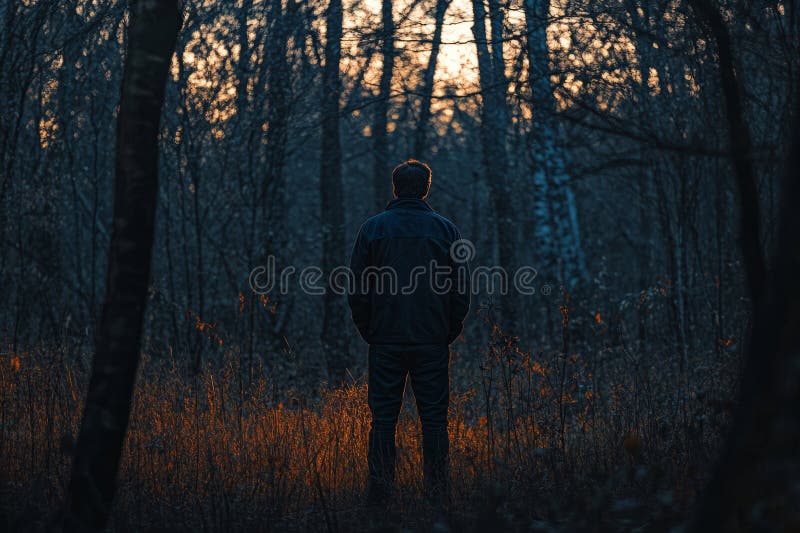 Man Standing Alone in a Dark Forest at Twilight Stock Photo - Image of ...