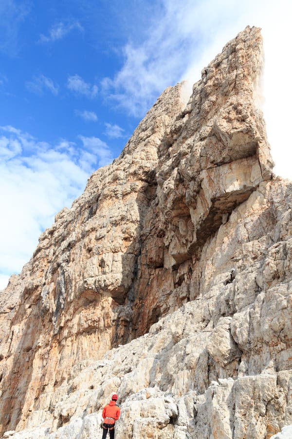Man Standing Alone in Front of Brenta Dolomites Mountain Rock Face ...