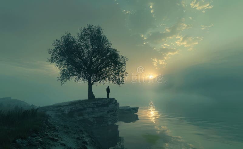 A Man Standing Alone in Front of a Tree Stock Photo - Image of sunrise ...