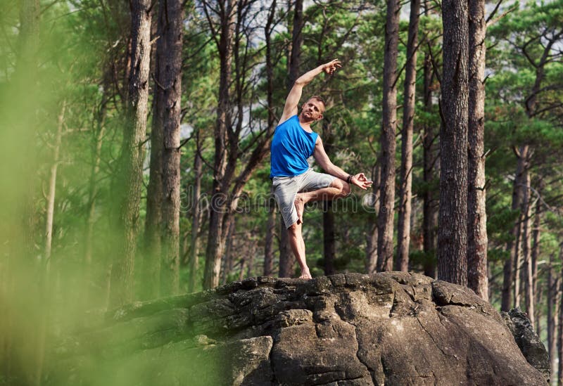 Fit Man Doing the Tree Pose Alone in a Forest Stock Photo - Image of ...