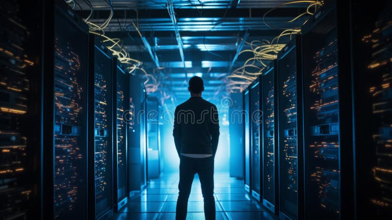 Man Standing Amidst Server Room. Serene Atmosphere Stock Image - Image ...
