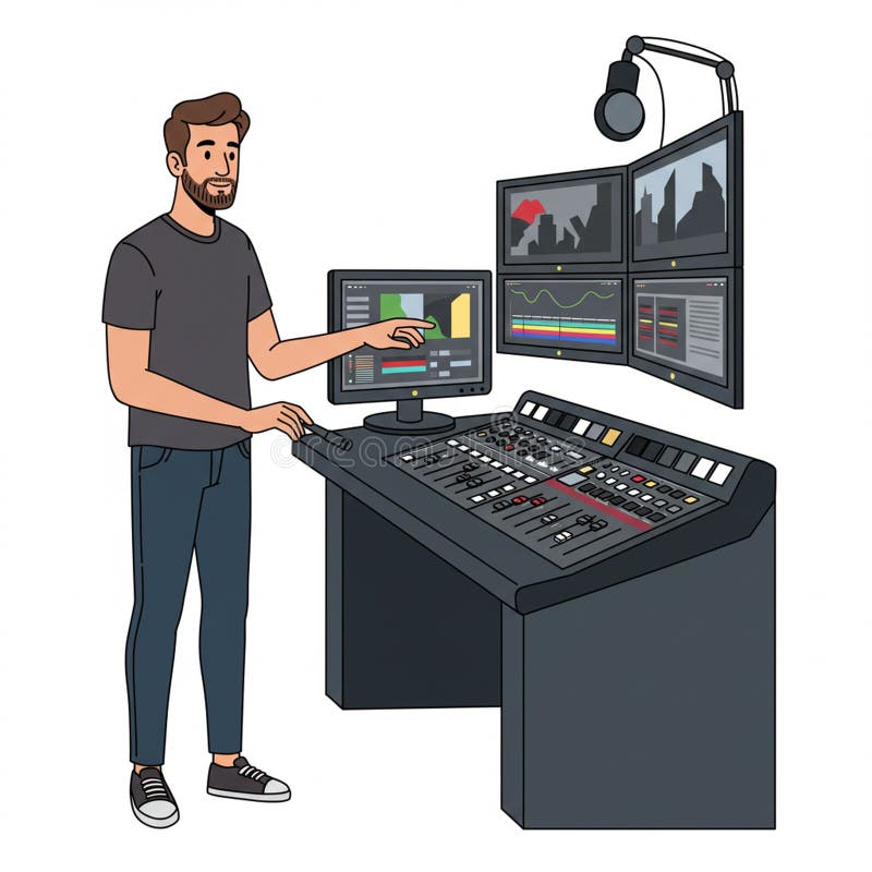 Man Standing at an Audio Control Console, Featuring Multiple Sliders ...