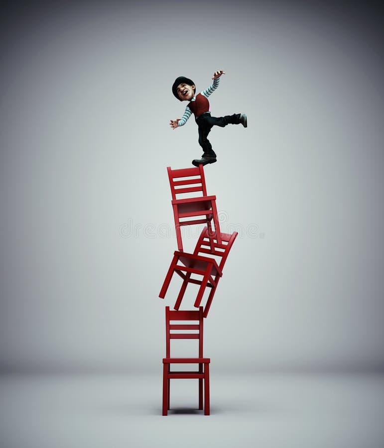 Man Standing in Balance on a Stack of Chairs Stock Illustration ...