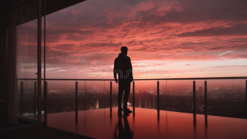A Man Standing on a Balcony Overlooking the City at Sunset, AI Stock ...