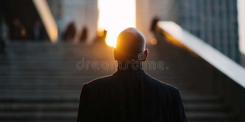 Man Standing at Base of Staircase, Facing Sunrise with Contemplative ...