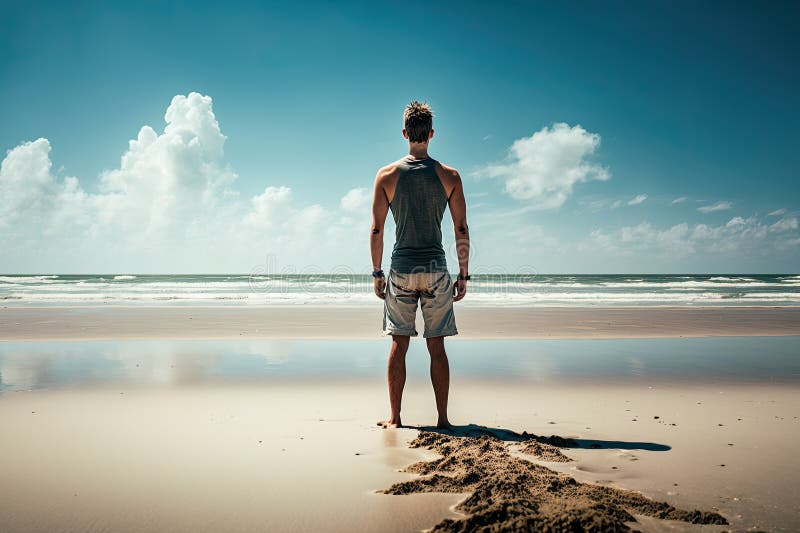 Man Standing on a Lonely Beach Stock Illustration - Illustration of ...