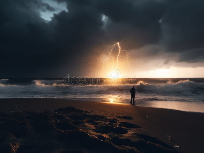 A Man Standing on the Beach Looking at a Lightning Bolt, AI Stock ...