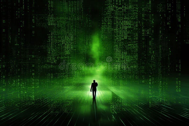 Man Standing Behind a Huge Green Computer Screen Generative Ai Stock ...