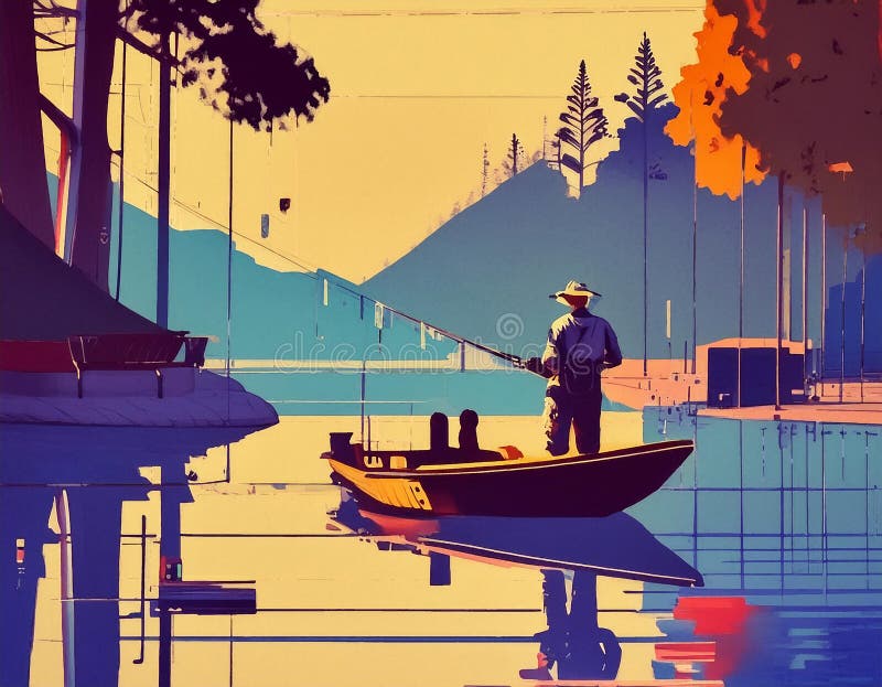 Man Standing on a Boat Fishing in the River Stock Illustration ...