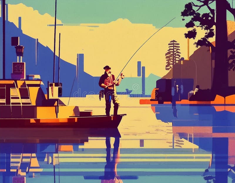 Man Standing on a Boat Fishing in the River Stock Illustration ...