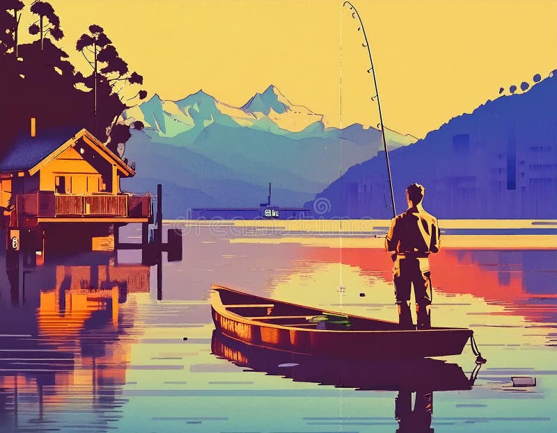 Man Standing on a Boat Fishing in the River Stock Illustration ...
