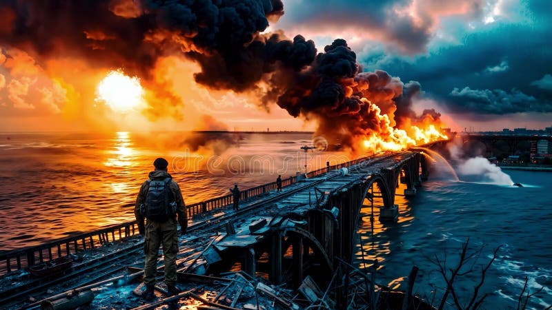 A Man Standing on a Bridge Looking at a Large Fire Stock Footage ...
