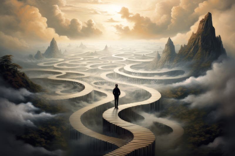 Man Standing on a Bridge in the Middle of a Maze Stock Illustration ...