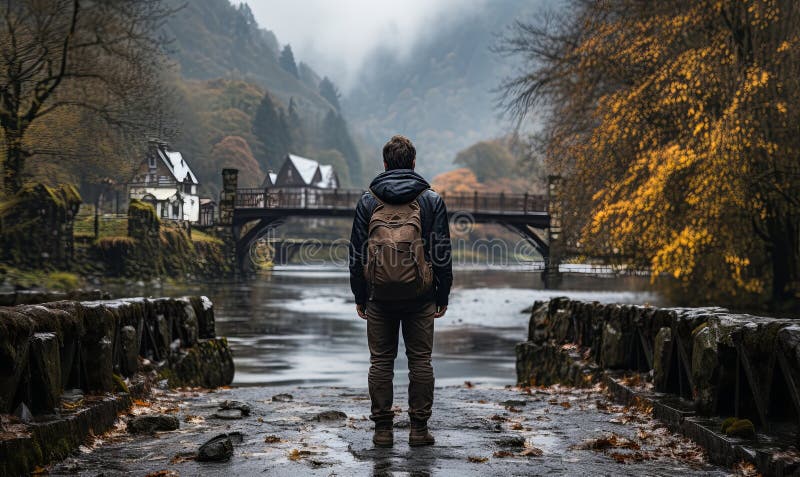Man Standing on Bridge Over River Stock Photo - Image of hiker, journey ...