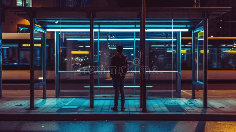 A Man Standing at a Bus Stop at Night Stock Image - Image of stop ...