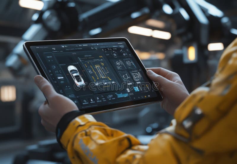 A Man Holds a Tablet in Front of a Robotic Arm in a Factory Stock Photo ...