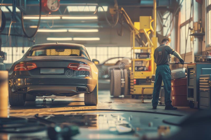 Man Standing by Car in Modern Garage Stock Illustration - Illustration ...
