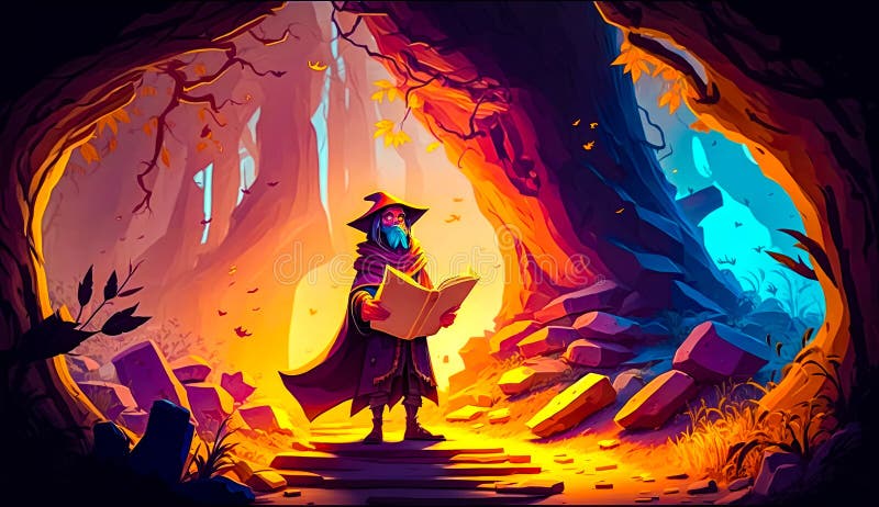 Man Standing in Cave Holding Book and Looking at Map. Generative AI ... Man Standing in Cave Holding Book and Looking at Map. Generative AI ...