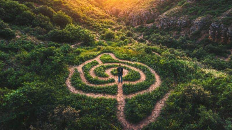 Man Standing in the Center of a Winding Dirt Path Maze in a Green ...