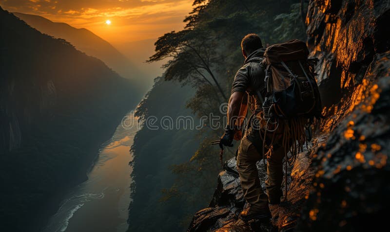 Man Standing on Cliff with Backpack Stock Photo - Image of scenery ...