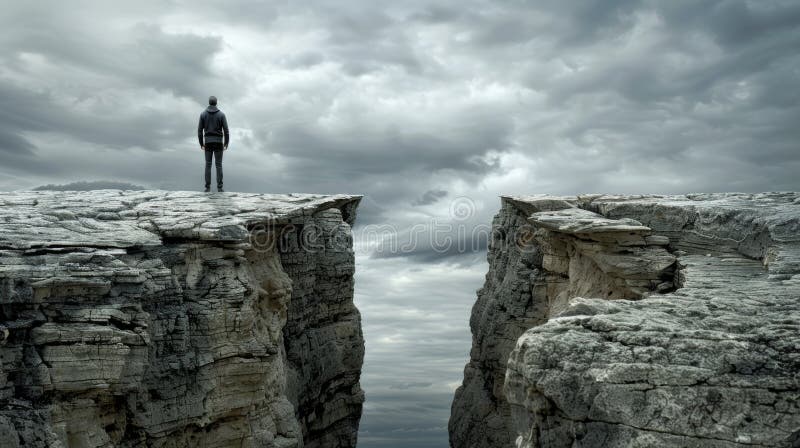 Man Standing on Cliff Edge Facing a Chasm Under Cloudy Sky Symbolizing ...