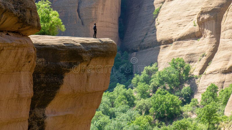 A Man Standing on a Cliff Looking Out Over the Valley, AI Stock Photo ...