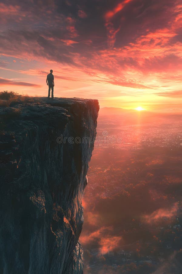 A Man Standing on a Cliff Looking Out at the Sunset Stock Illustration ...
