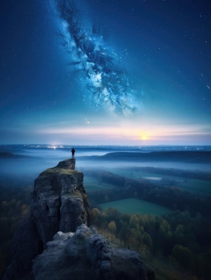 Man is Standing on a Cliff Overlooking the Night Sky Stock Illustration ...