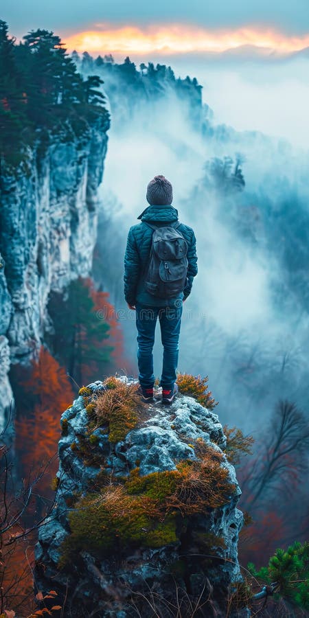 Man Standing on Cliff Overlooking Water Stock Illustration ...