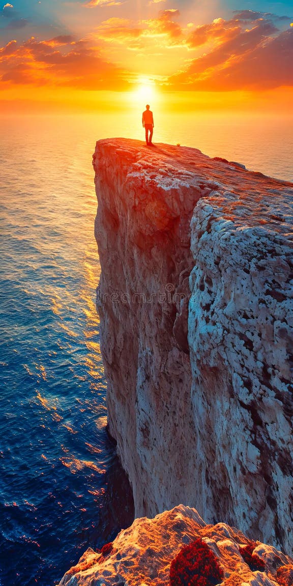 Man Standing on Cliff Overlooking Water Stock Illustration ...