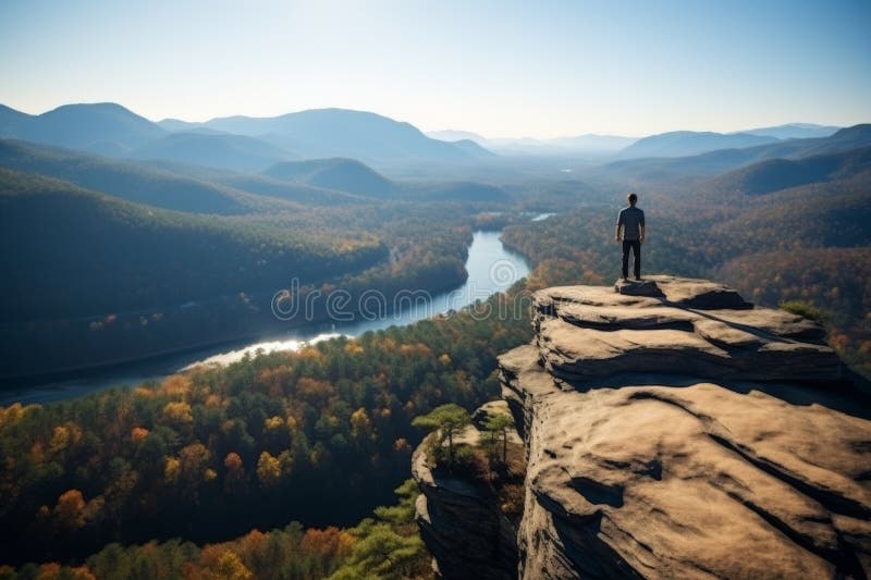 Man Standing at the Cliff S Edge, Captivated by the Breathtaking Autumn ...