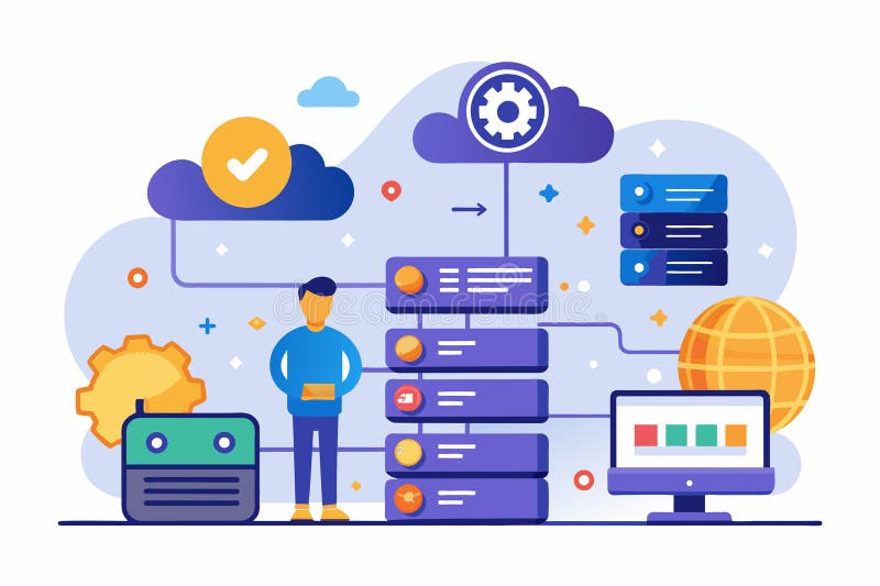 Man Standing Confidently in Front of a Tall Stack of Servers, in a ...