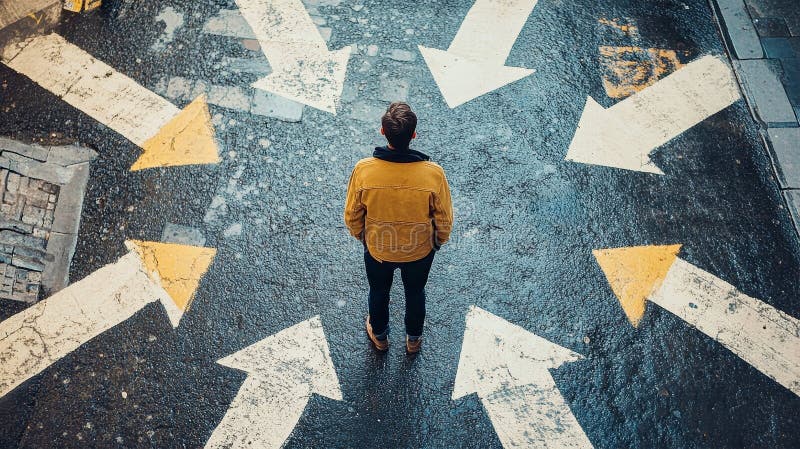 Man Standing at a Crossroad Surrounded by Multiple Directional Arrows ...