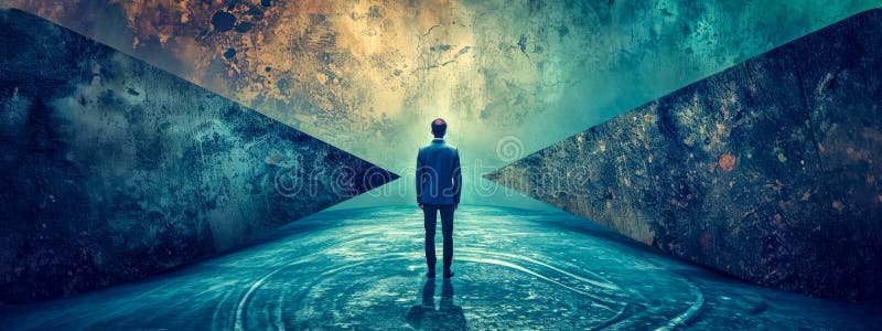 Man Standing at a Crossroads within a Corridor of Converging Walls ...