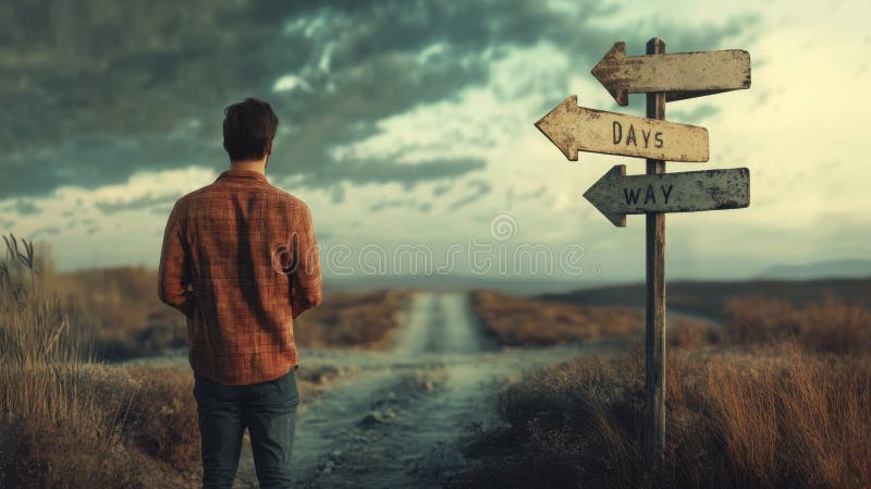 Man Standing at Crossroads Deciding between Paths Under Dramatic Sky ...
