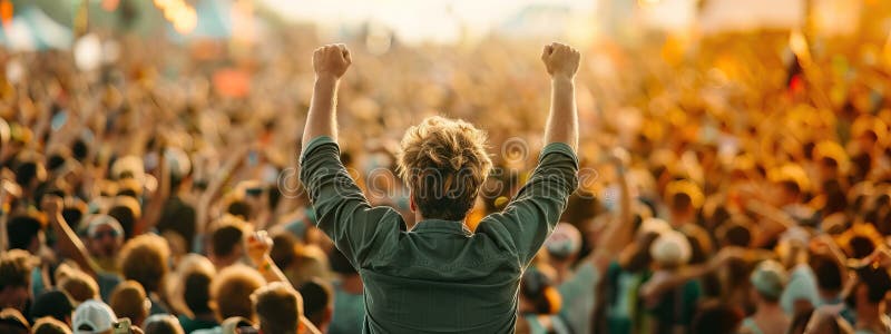 A Man is Standing in a Crowd of People, Holding His Hands Up in the Air ...