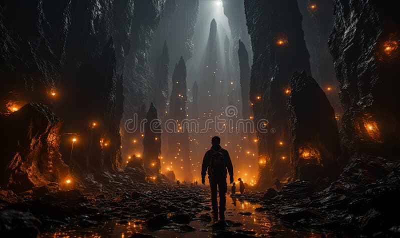 Man Standing in Dark Cave stock photo. Image of fear - 313792234