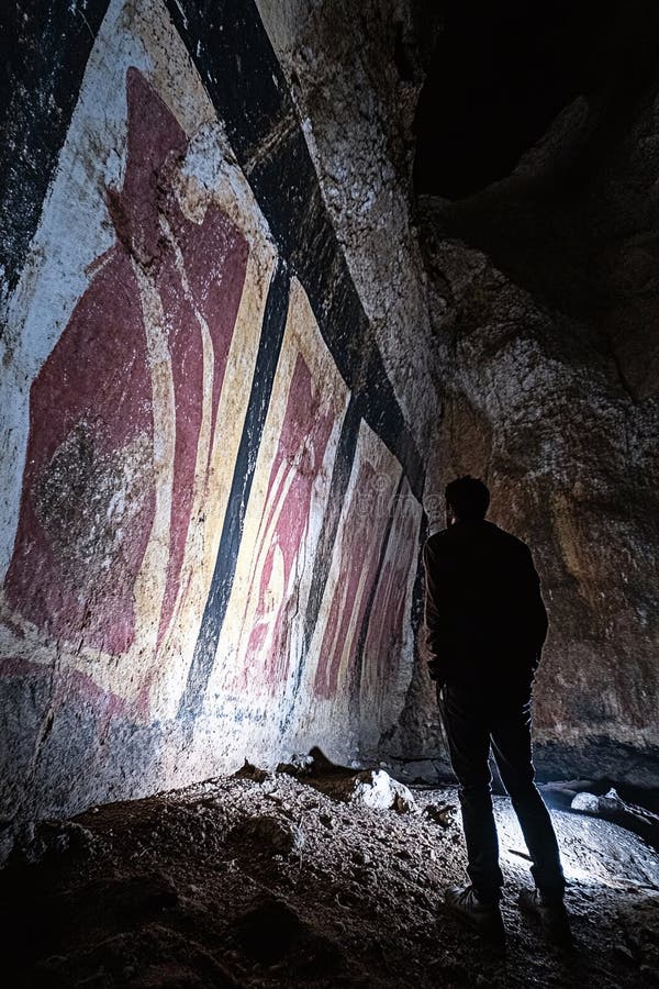 A Man Standing in a Dark Cave Their Torchlight Illuminating an Ancient ...