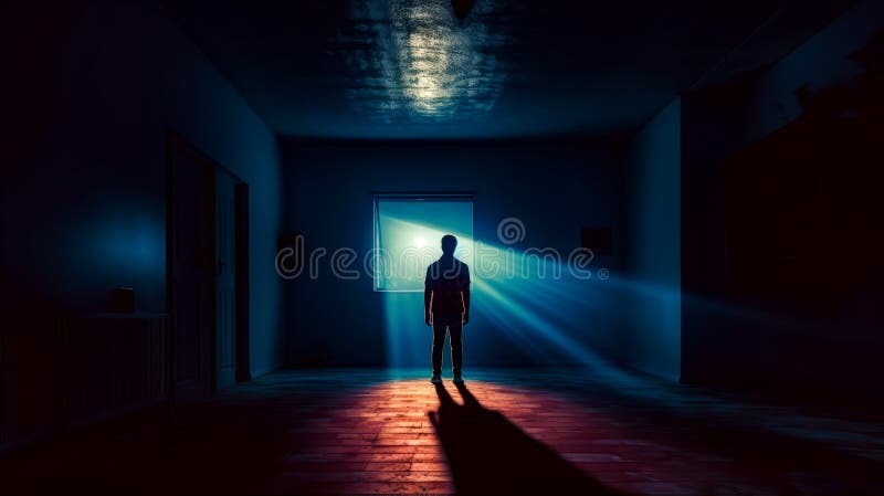 Man Standing in Dark Room with Bright Light Coming through the Window ...