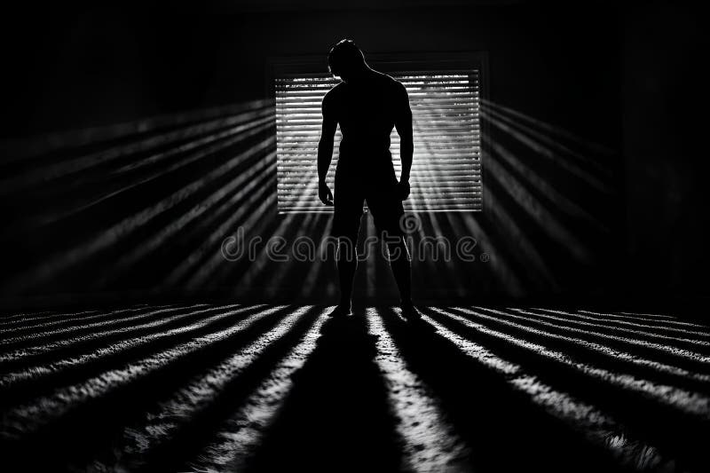 Of a Man Standing in a Dark Room with Light Rays Stock Illustration ...