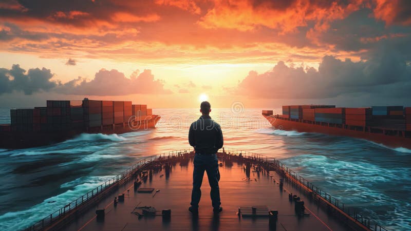 A Man Standing on the Deck of a Cargo Ship, Gazing at a Breathtaking ...