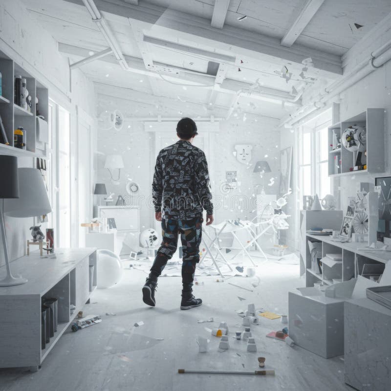 Man Standing in a Destroyed White Room Stock Illustration ...