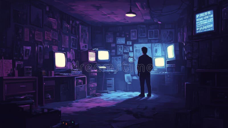 Man Standing in a Dimly Lit Cyberpunk Room Filled with Computers and ...